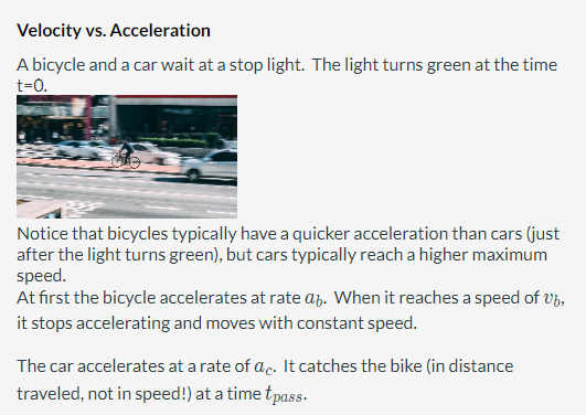 Solved Velocity vs. Acceleration A bicycle and a car wait at | Chegg.com