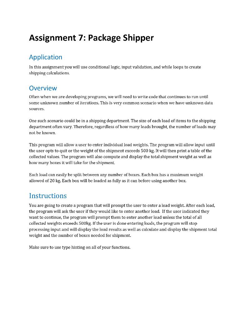 Assignment 7: Package Shipper Application In this | Chegg.com