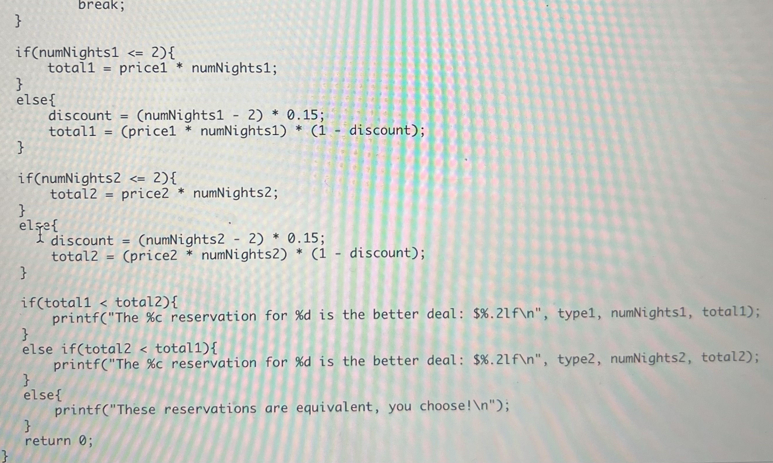 Solved \#include int main() \{ int numNights1, numNights2; | Chegg.com