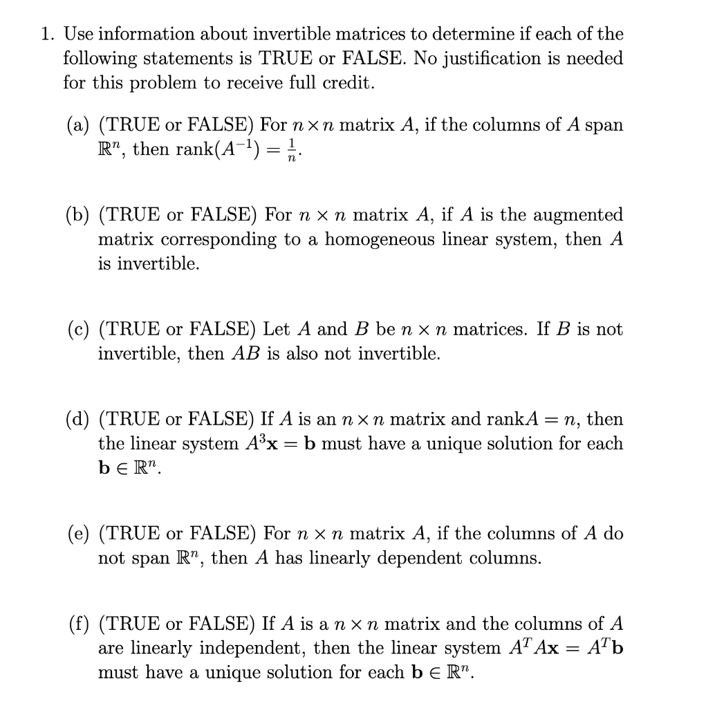 Solved 1. Use information about invertible matrices to | Chegg.com