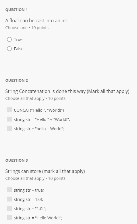 Solved QUESTION 1 A float can be cast into an int Choose | Chegg.com