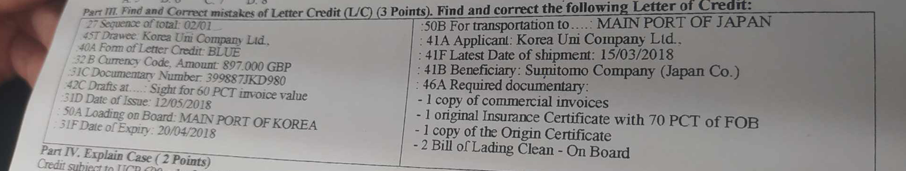 Solved - 2 Bill of Lading Clean - On Board Part N. Explain | Chegg.com