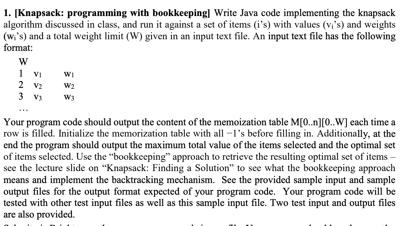 Solved [Knapsack: programming with bookkeeping] ﻿Write Java | Chegg.com