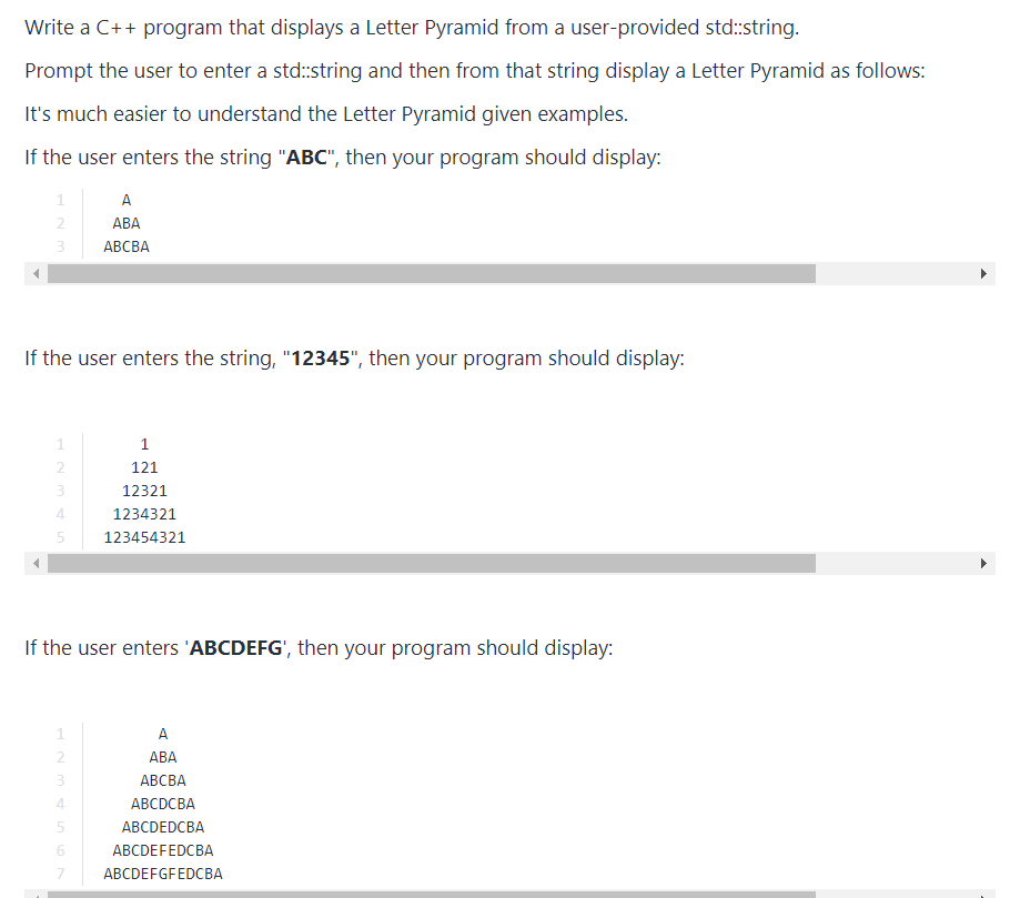 Solved Write a C++ program that displays a Letter Pyramid | Chegg.com