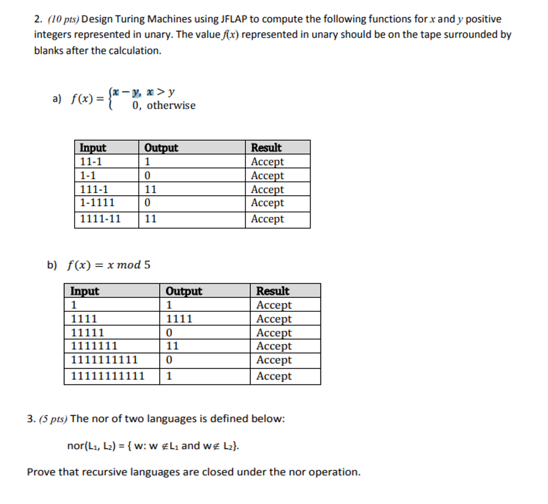 . (10 pts) Design Turing Machines using JFLAP to | Chegg.com