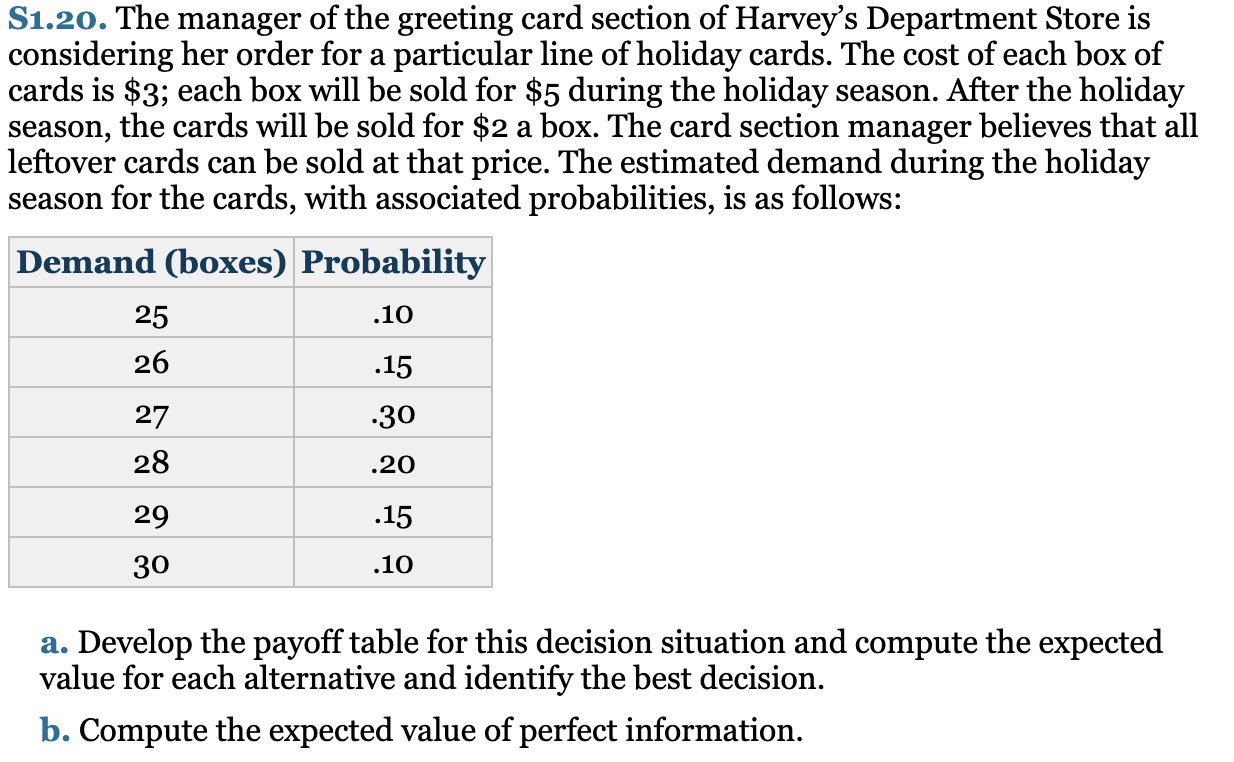 Solved S1.20. The manager of the greeting card section of | Chegg.com
