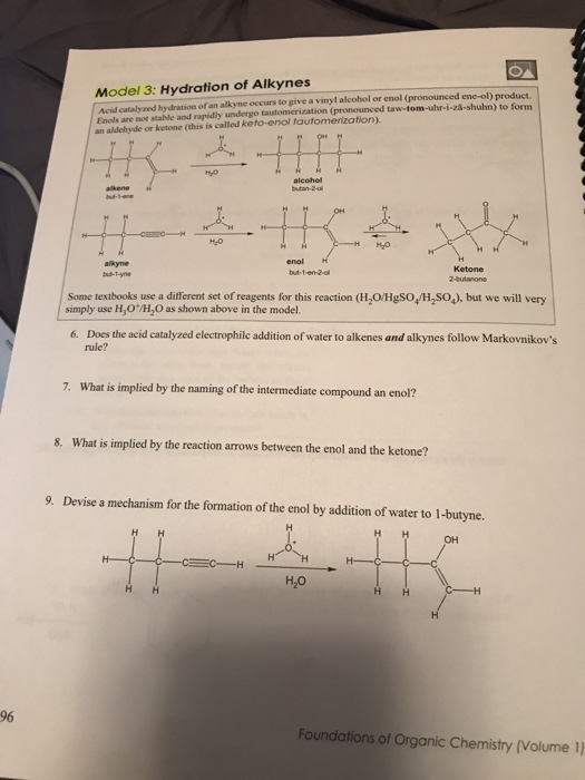 Solved Model 3: Hydration of Alkynes Acid catalyzed | Chegg.com