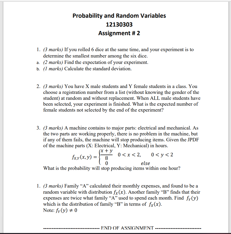 Solved Probability and Random Variables 12130303 Assignment | Chegg.com