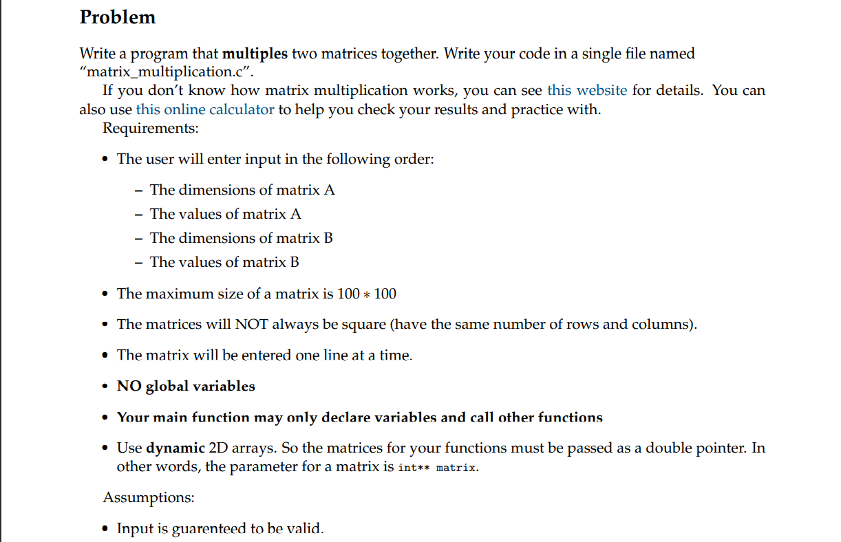 Solved Problem Write a program that multiples two matrices | Chegg.com