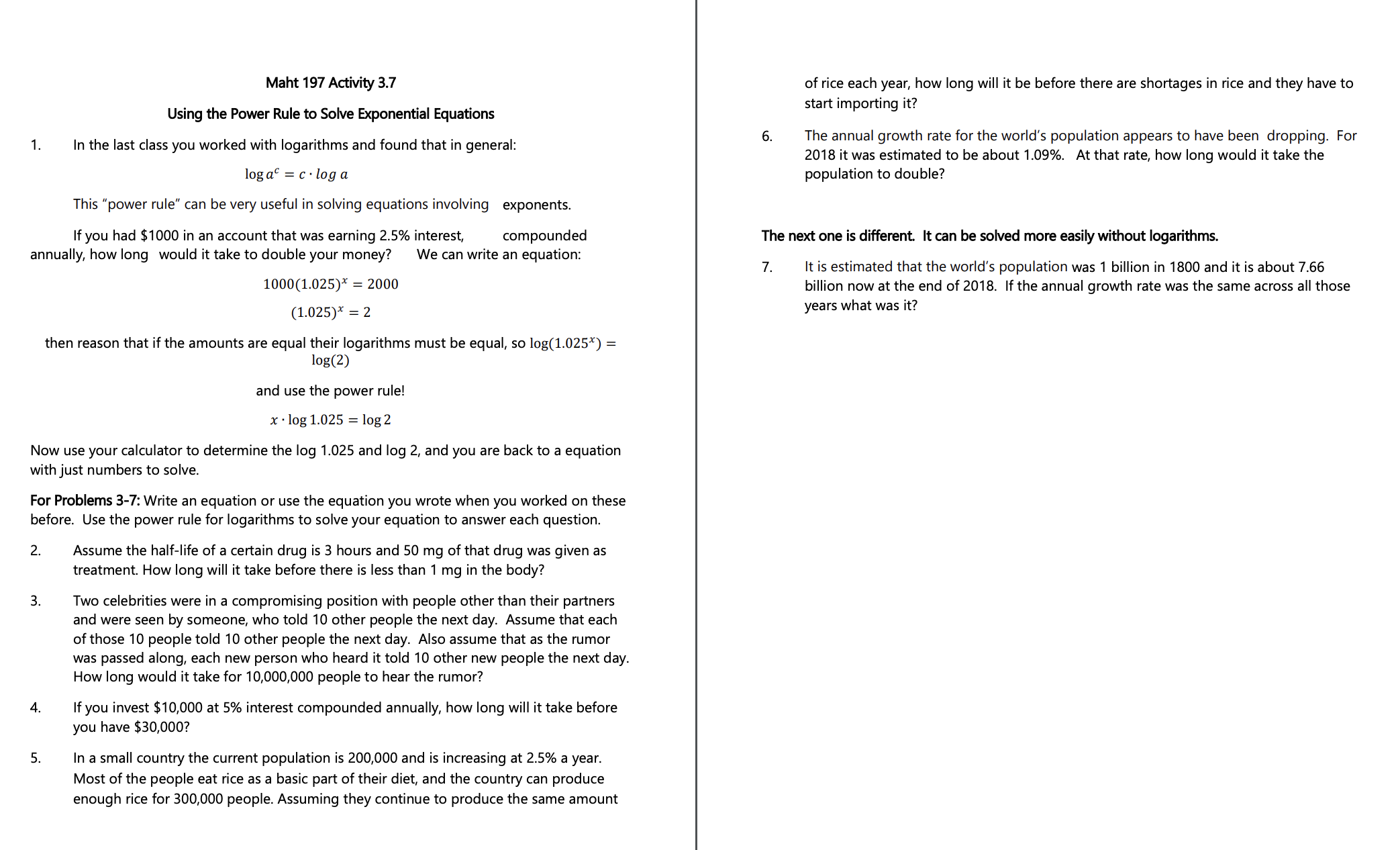 Solved Maht 197 ﻿Activity 3.7Using the Power Rule to ﻿Solve | Chegg.com