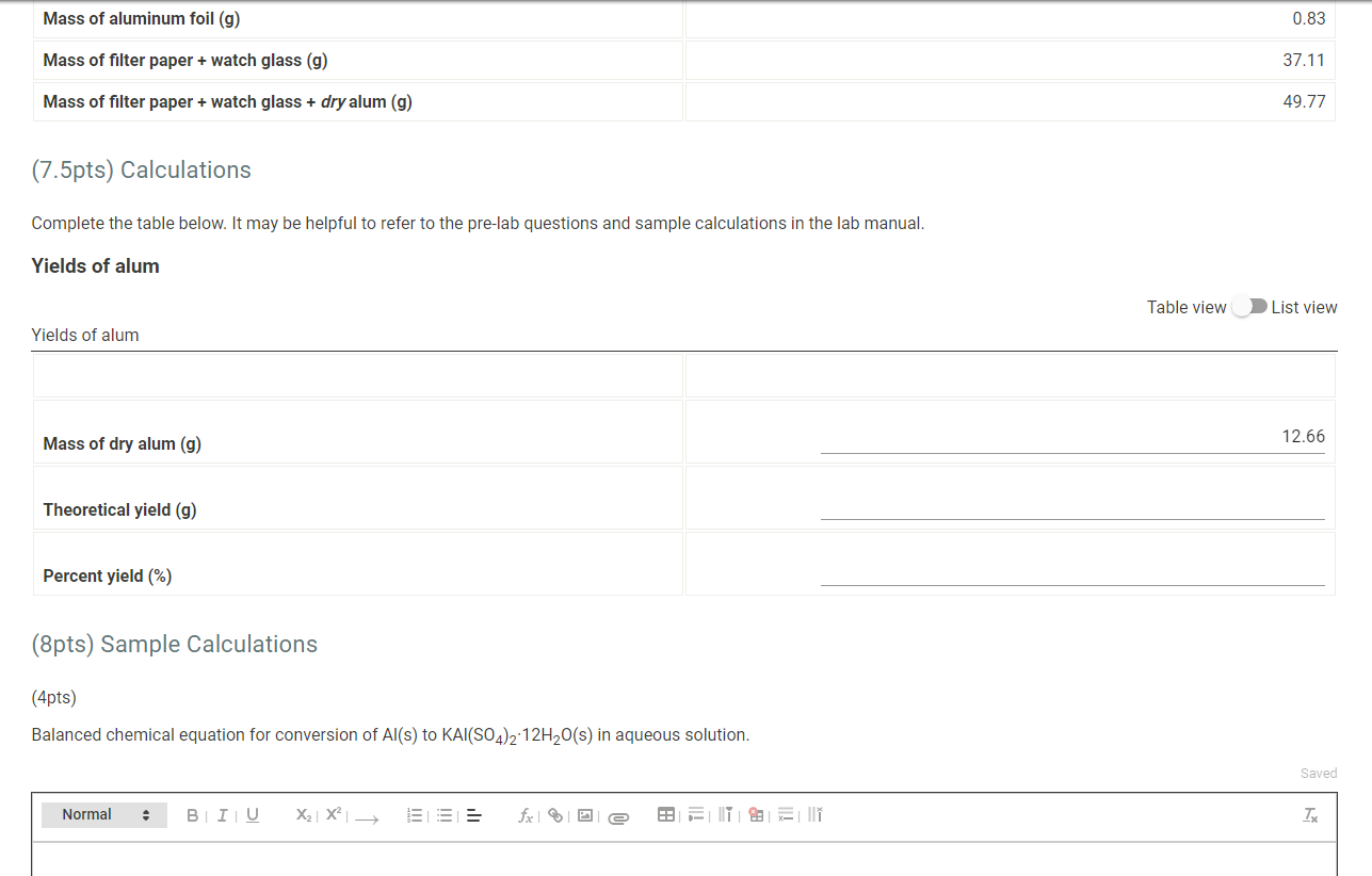 Solved Table view List view (8pts) Sample Calculations | Chegg.com
