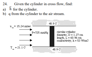 Solved 24. Given the cylinder in cross flow, find: a) h for | Chegg.com