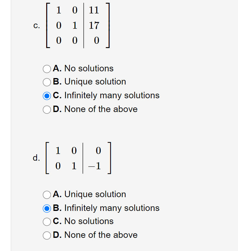 Solved 1 0 0 9 a. [: 0 0 1 -12 A. Infinitely many solutions | Chegg.com