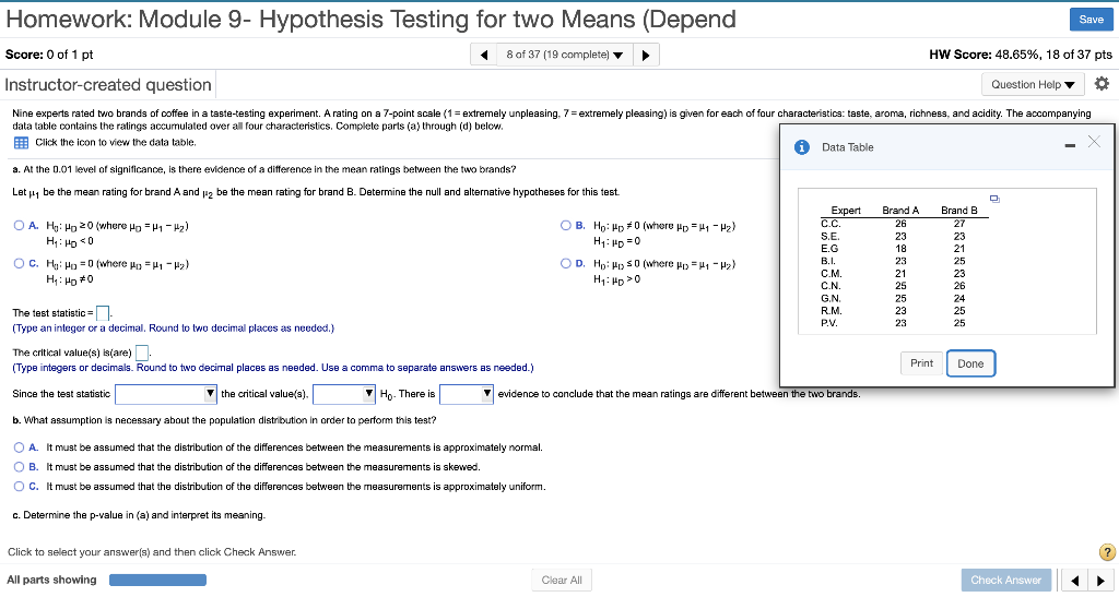 Solved Homework Module 9 Hypothesis Testing For Two Means