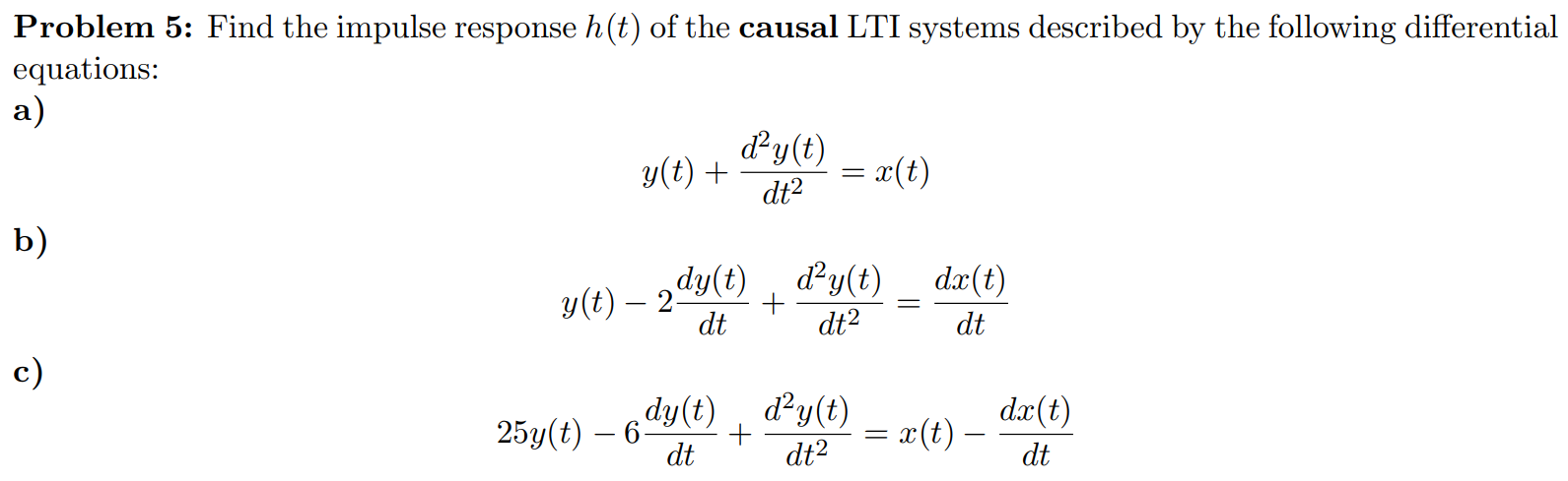 Solved Problem 5: Find the impulse response h(t) of the | Chegg.com