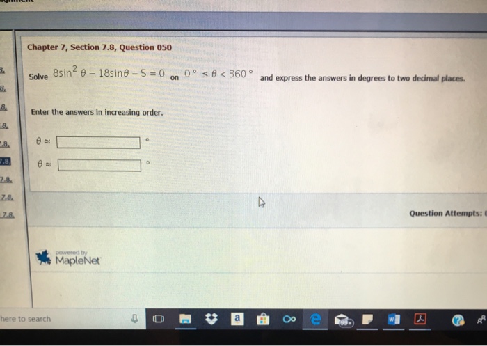 Solved Chapter 7,Section 7.8, Question 050 Solve 8sin2 | Chegg.com