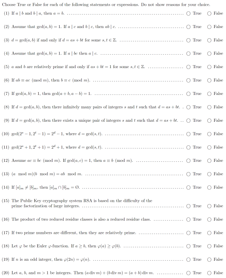 Solved Choose True or False for each of the following | Chegg.com