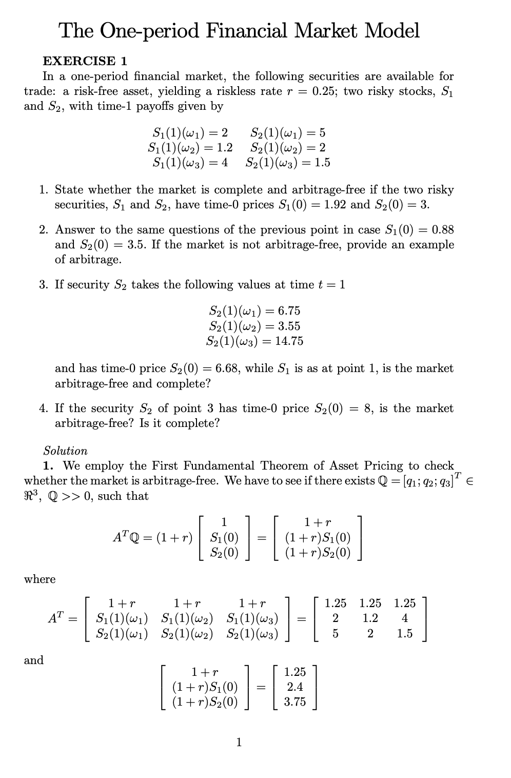 Solved The One-period Financial Market Model EXERCISE 1 In a | Chegg.com