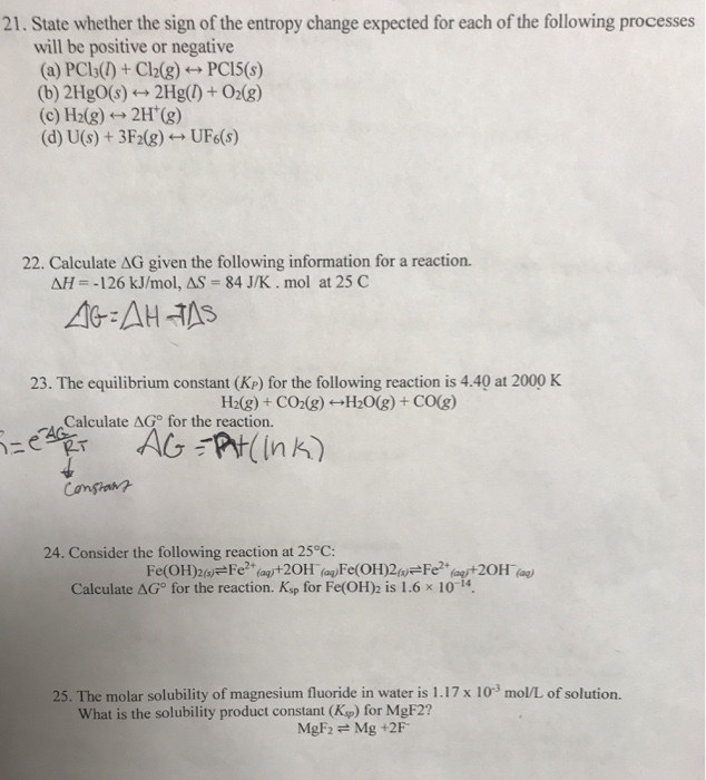 Solved 21. State whether the sign of the entropy change | Chegg.com