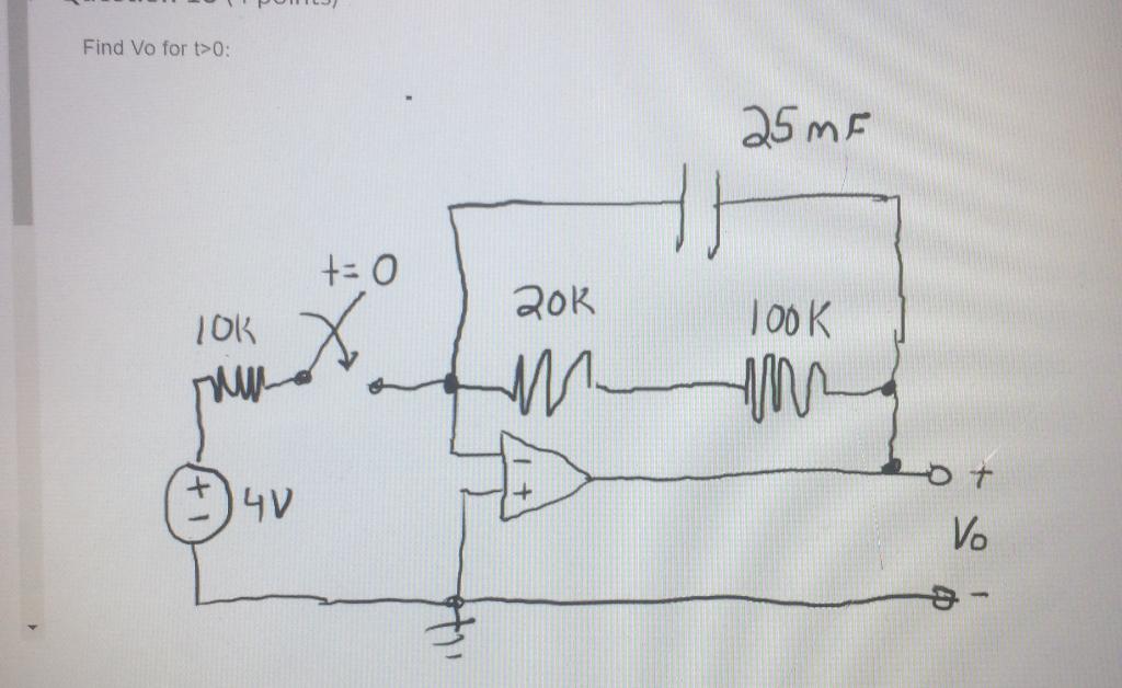 Solved Find Vo for t>0: 25mF +=0 20k TOR ww X 100K your M | Chegg.com Solved Find Vo for t>0: 25mF +=0 20k TOR ww X 100K your M | Chegg.com