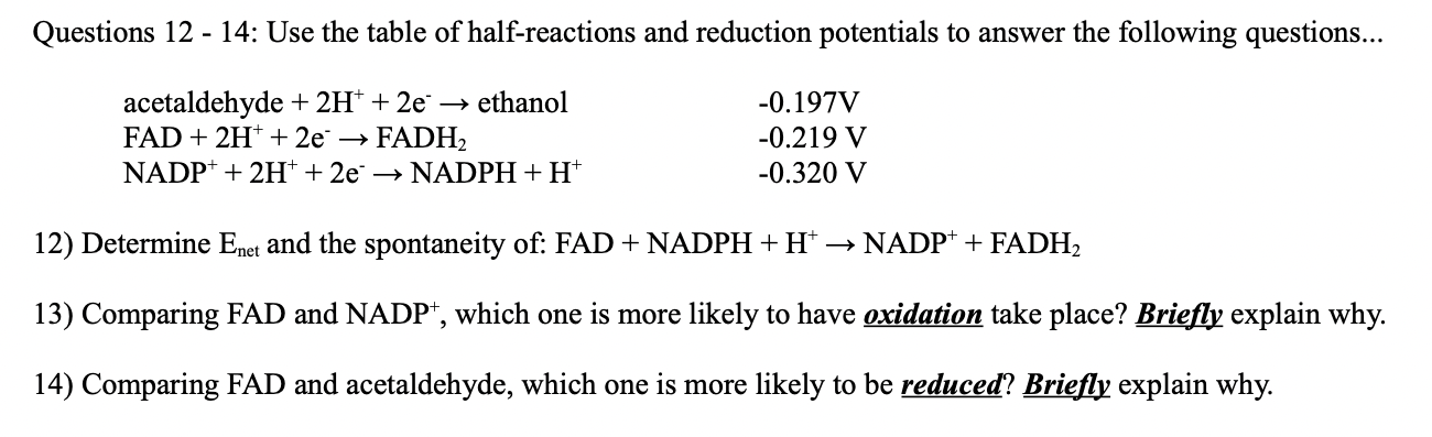 Solved Questions 12 - 14: Use the table of half-reactions | Chegg.com