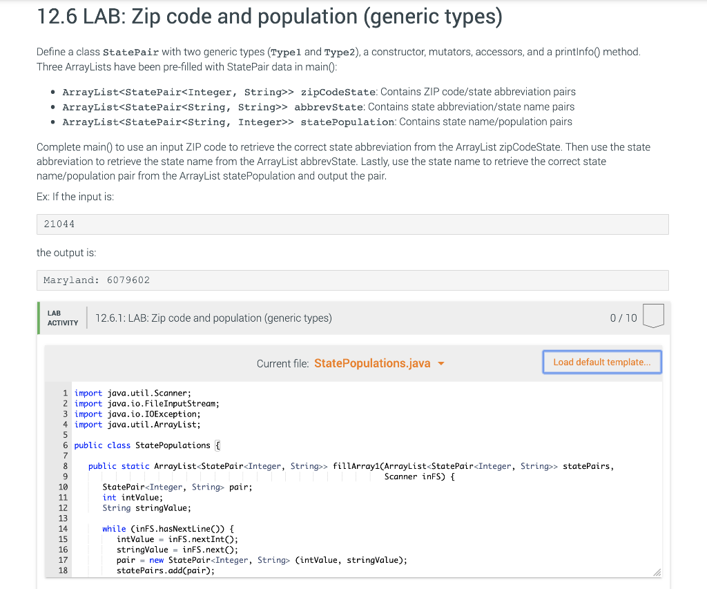 Solved: 12.6 LAB: Zip code and population (generic types)J