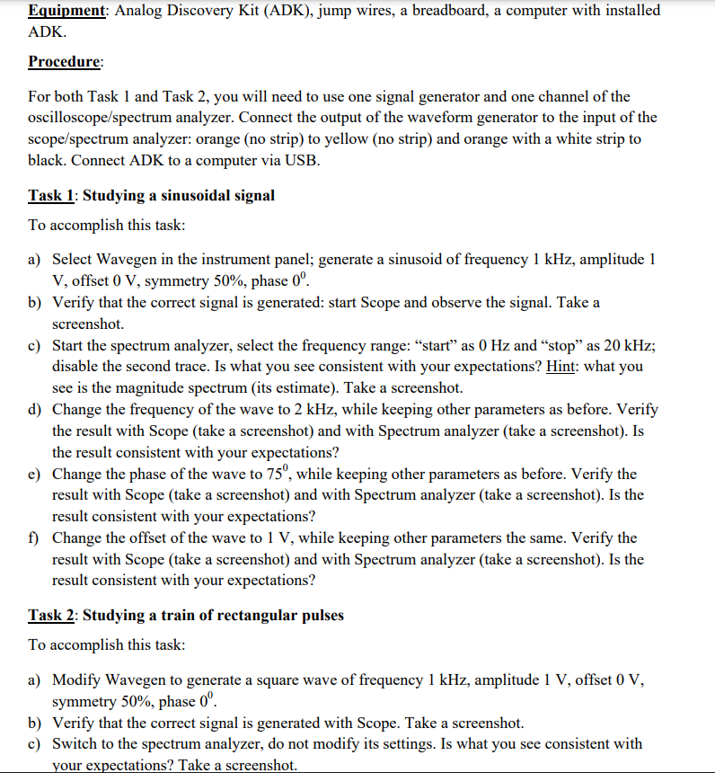 a Equipment: Analog Discovery Kit (ADK), jump wires, | Chegg.com