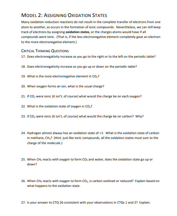 Solved Model 2: AsSigning OxidAtion StATES Many | Chegg.com