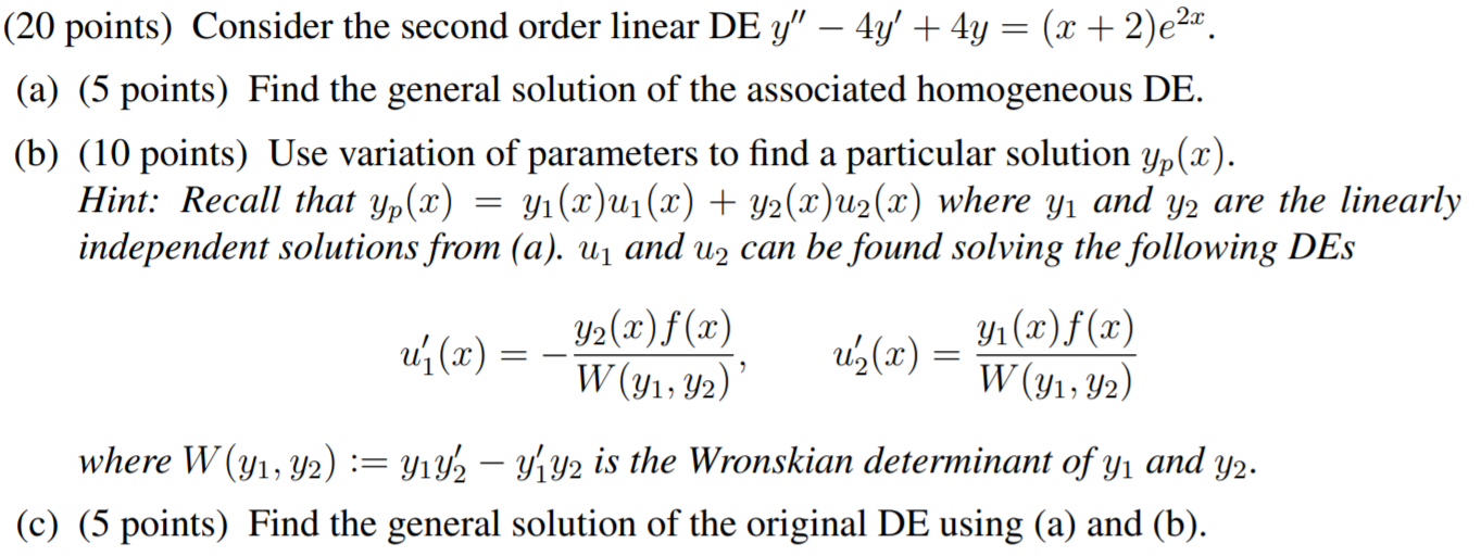 Solved (20 points) Consider the second order linear DE Y" – | Chegg.com