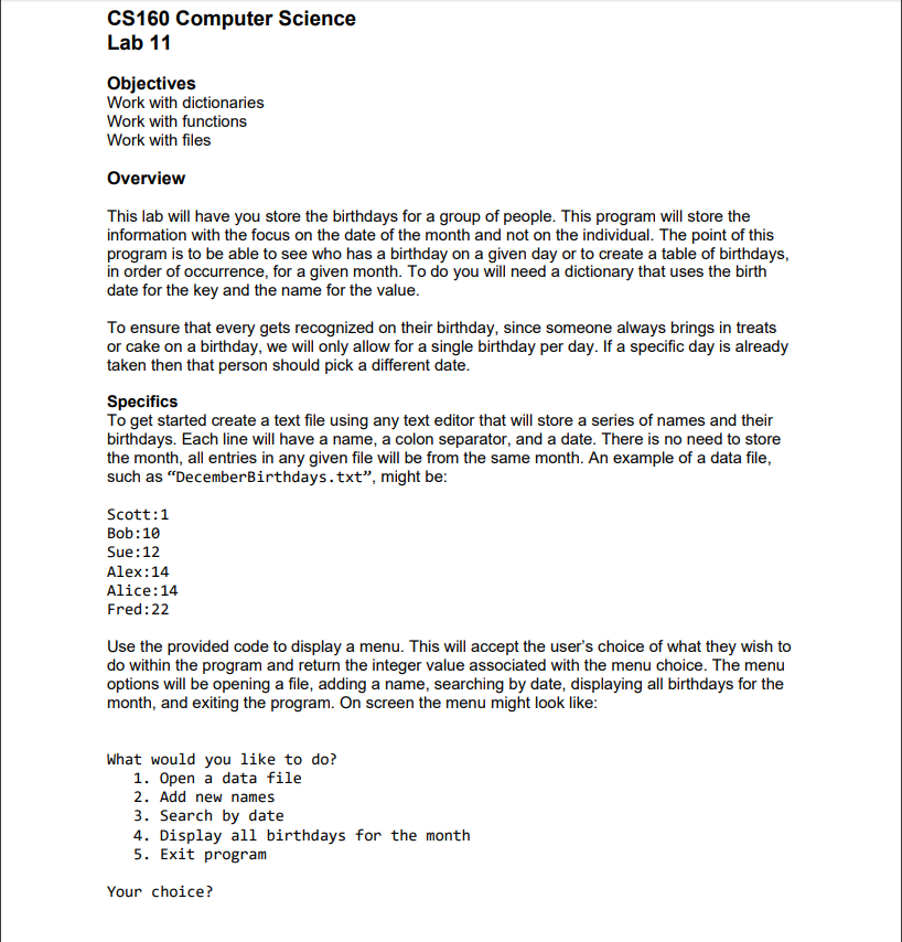CS160 Computer Science Lab 11 Objectives Work with | Chegg.com