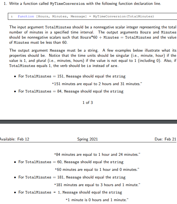Solved MATLAB 1. Write a function called MyTimeConversion | Chegg.com