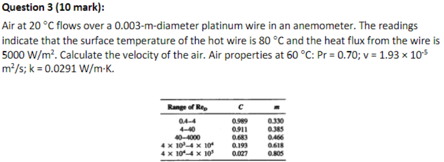 Solved Question 3 (10 mark): Air at 20°C flows over a | Chegg.com Solved Question 3 (10 mark): Air at 20°C flows over a | Chegg.com