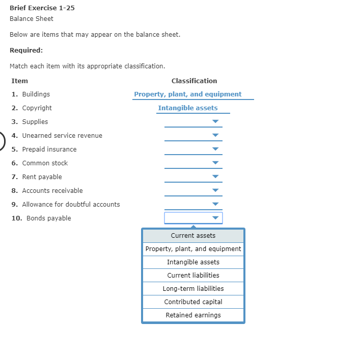 Solved Brief Exercise 1-25 Balance Sheet Below are items | Chegg.com
