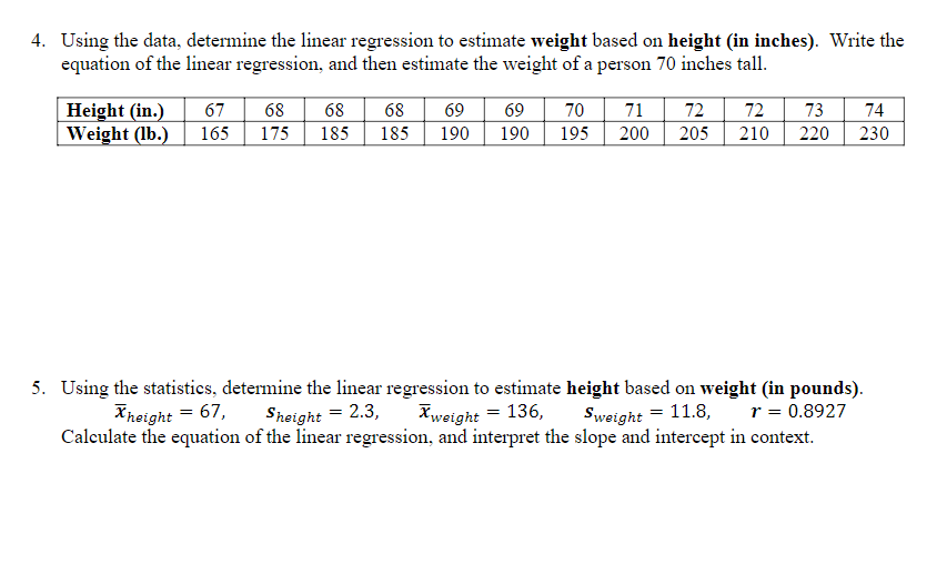 Solved Using the data, determine the linear regression to | Chegg.com