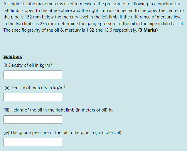Solved A simple U-tube manometer is used to measure the | Chegg.com