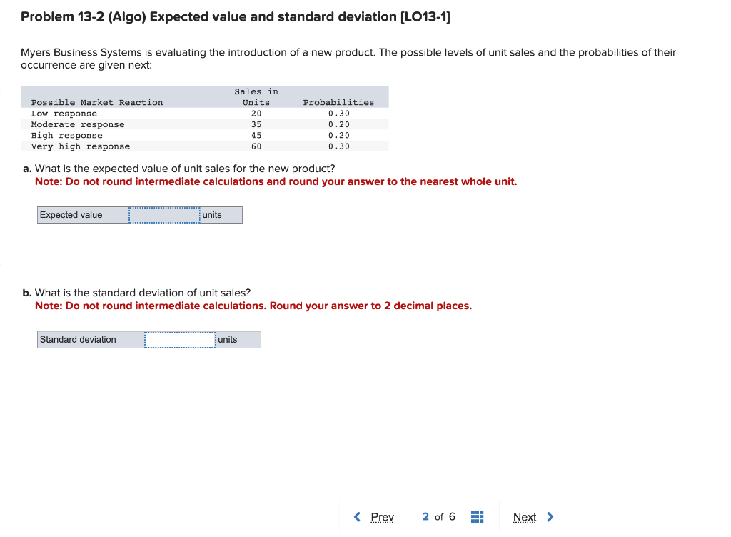Solved Problem 13-2 (Algo) Expected value and standard | Chegg.com