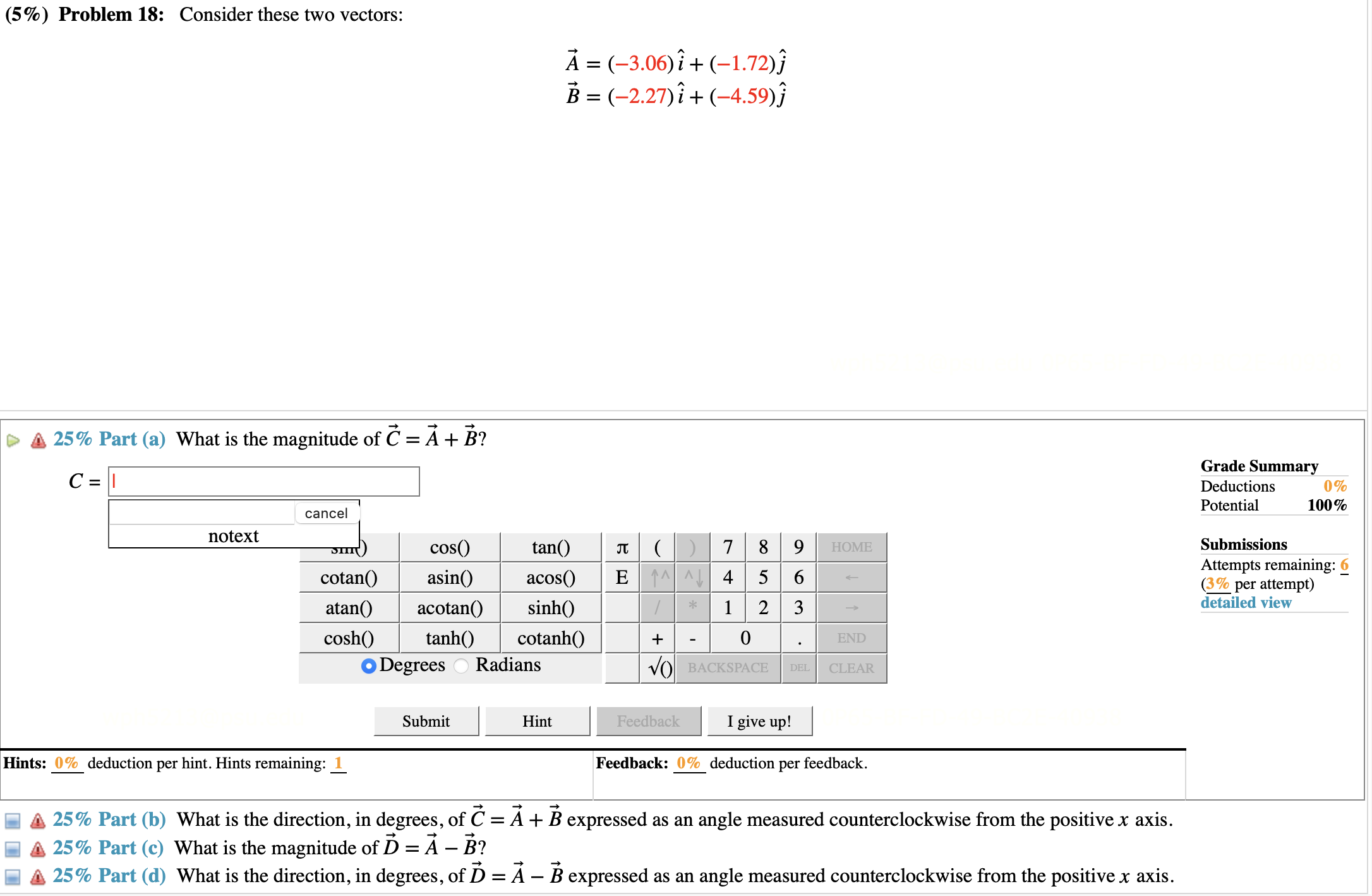 Solved (5\%) Problem 18: Consider these two vectors: | Chegg.com