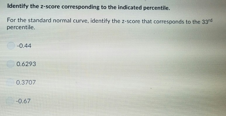 Solved Identify the z-score corresponding to the indicated | Chegg.com