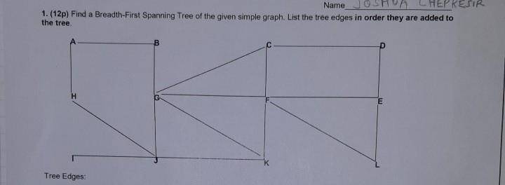 Solved Name U Ni 1 12p Find A Breadth First Spanning Tree 8290