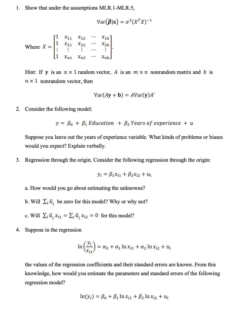 Solved 1. Show that under the assumptions MLR.1-MLR.5, | Chegg.com