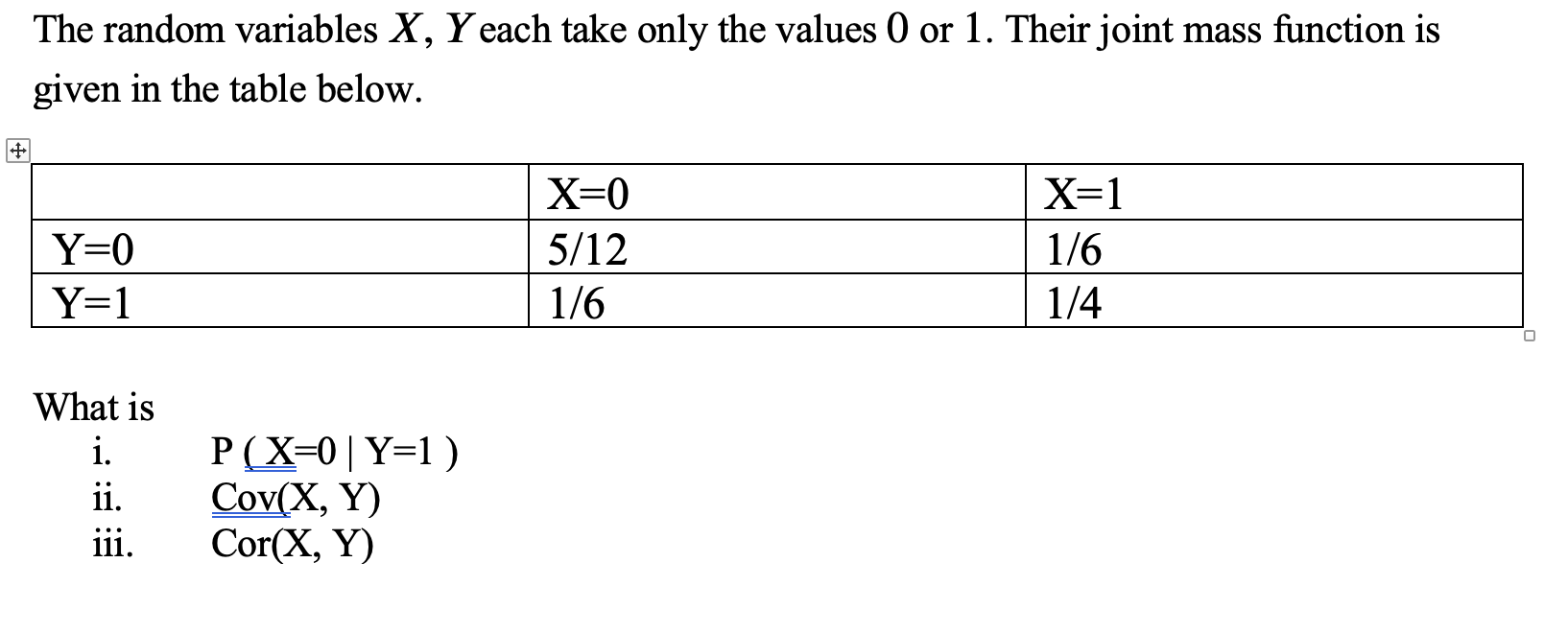 Solved The random variables X,Y each take only the values 0 | Chegg.com