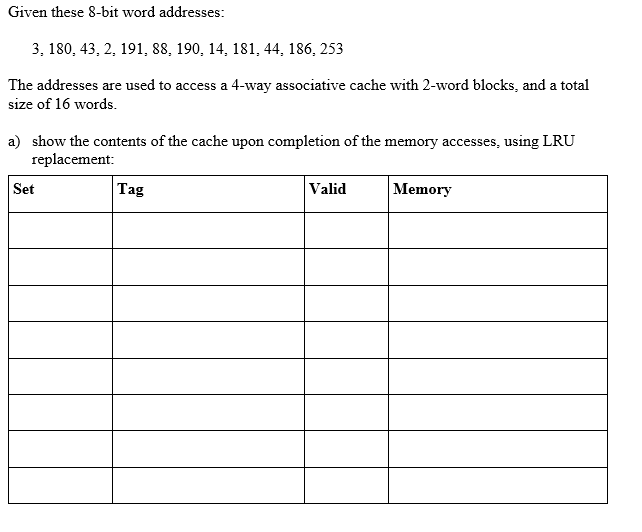 Given these 8-bit word addresses: 3, 180, 43, 2, 191, | Chegg.com
