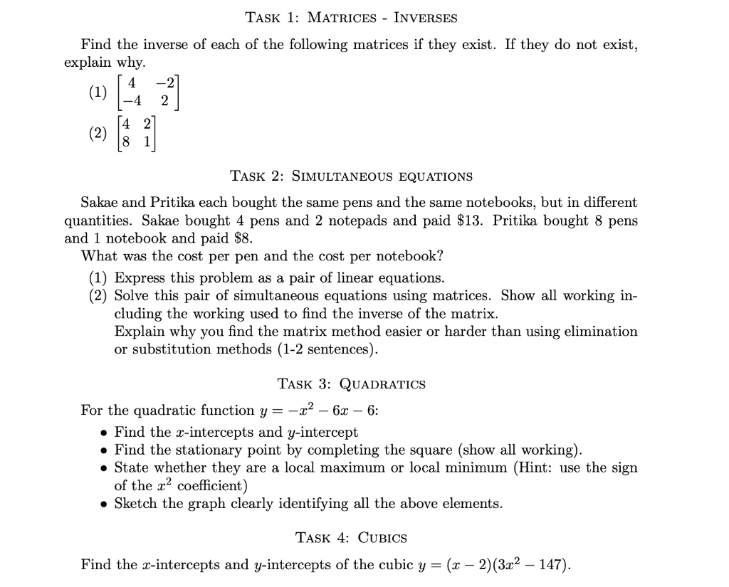 Solved TASK 1: MATRICES - INVERSES Find the inverse of each | Chegg.com