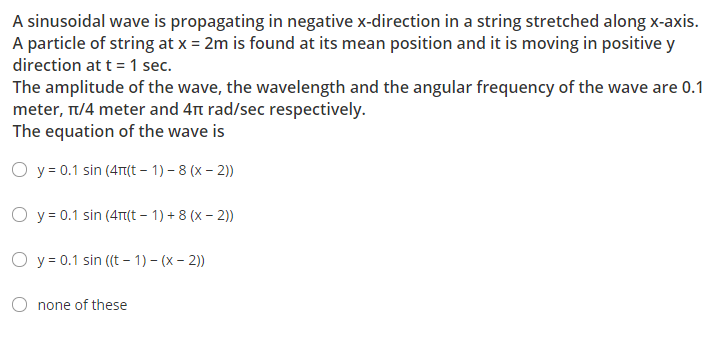 Solved A sinusoidal wave is propagating in negative | Chegg.com