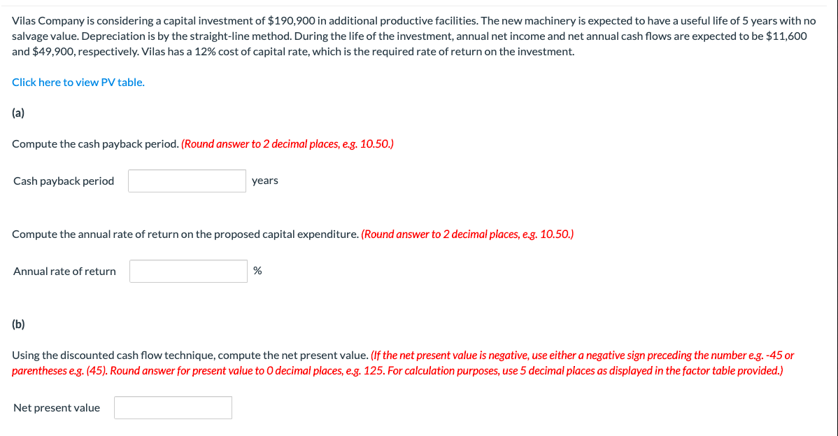 Solved Vilas Company is considering a capital investment of | Chegg.com