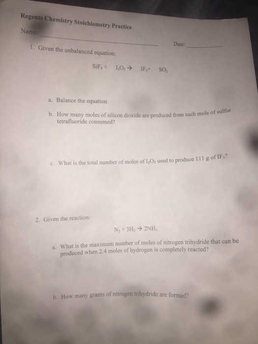 Solved Regents Chemistry Stoichiometry Practice Date: 1. | Chegg.com