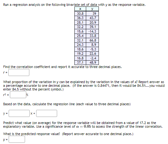 Solved Run a regression analysis on the following bivarintn | Chegg.com