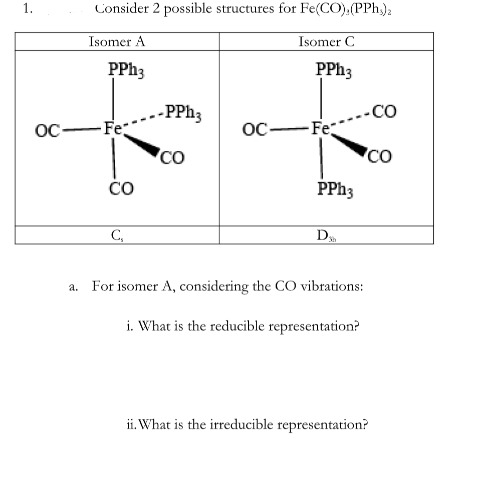 Solved 1. Consider 2 possible structures for Fe(CO)(PPh3)2 | Chegg.com