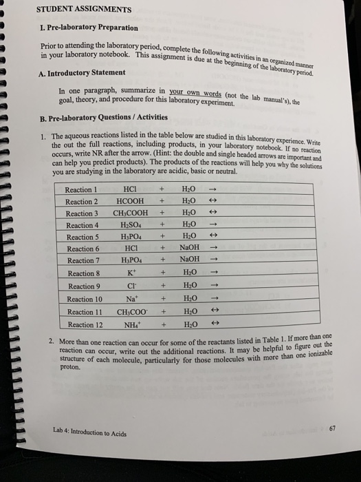 Solved STUDENT ASSIGNMENTS I. Pre-laboratory Preparation | Chegg.com