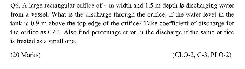 Solved Q6. A large rectangular orifice of 4 m width and 1.5 | Chegg.com